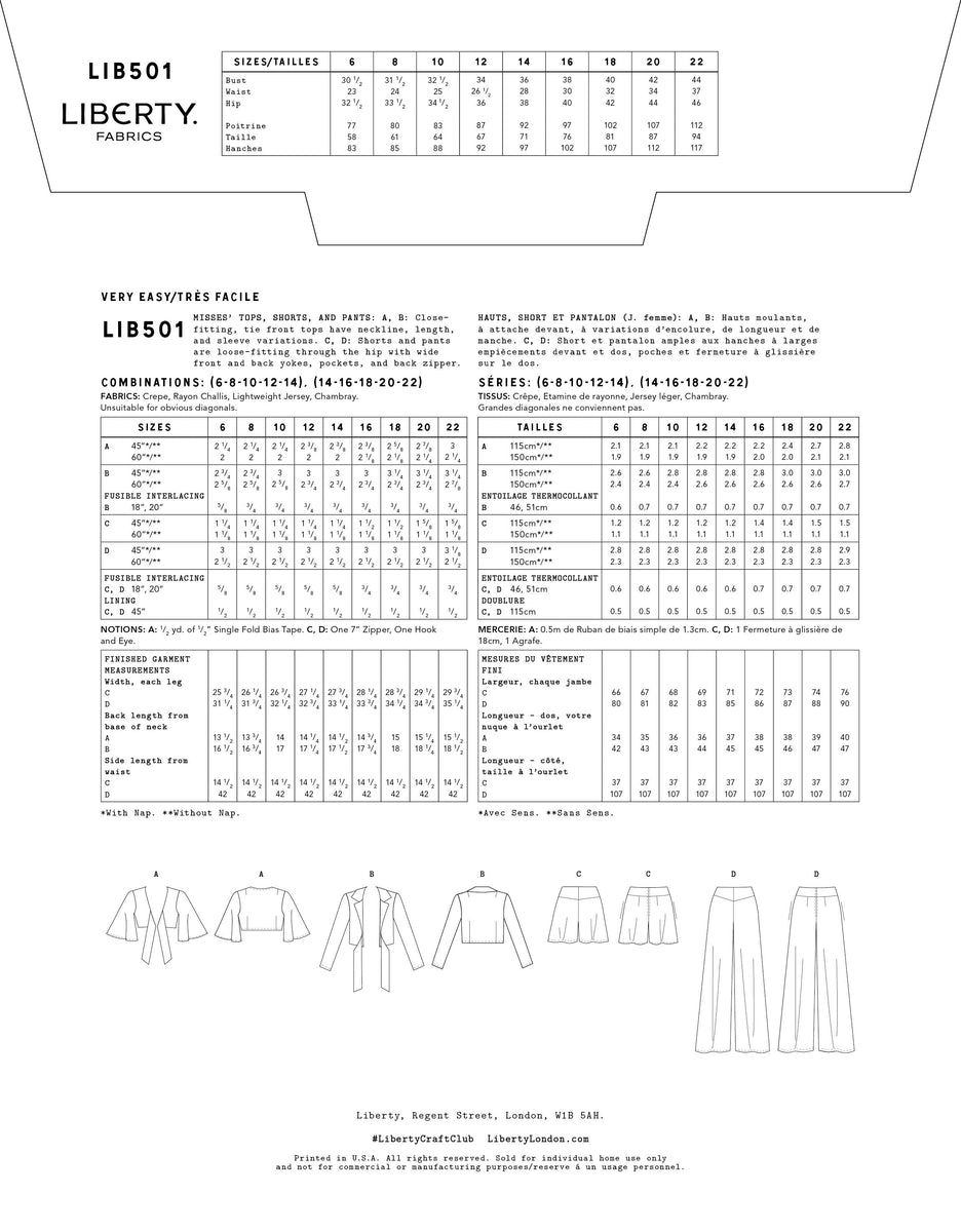 Liberty Sewing Pattern - Florence Palazzo Suit Sizes 6-22 – Intrepid Thread